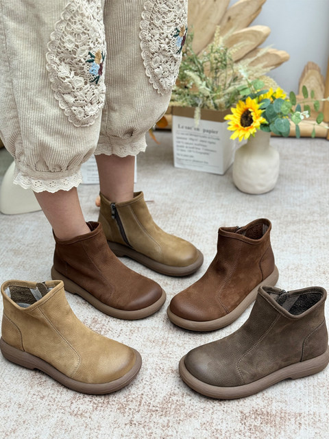 Handmade leather short boots 2024 Autumn new retro short cylinder ...