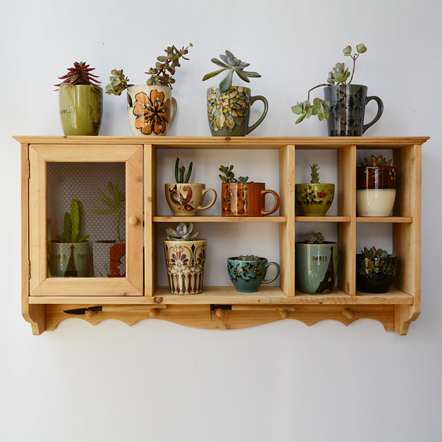 Solid wood retro storage wall setting rack cup tea with table shelf ...