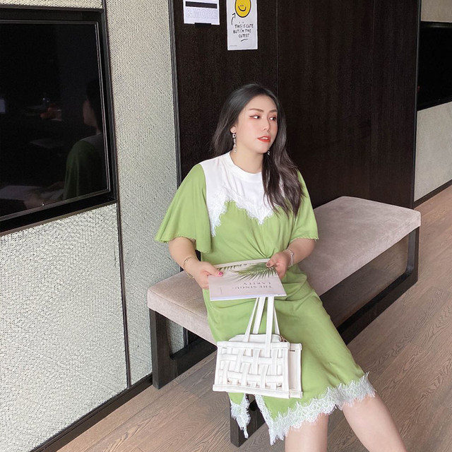 Cannes large size lace stitching fake two dresses in women's summer ...