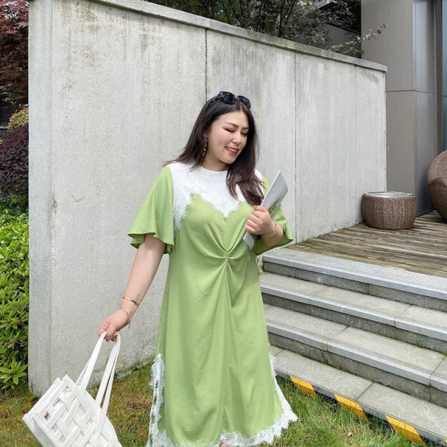 Cannes large size lace stitching fake two dresses in women's summer ...