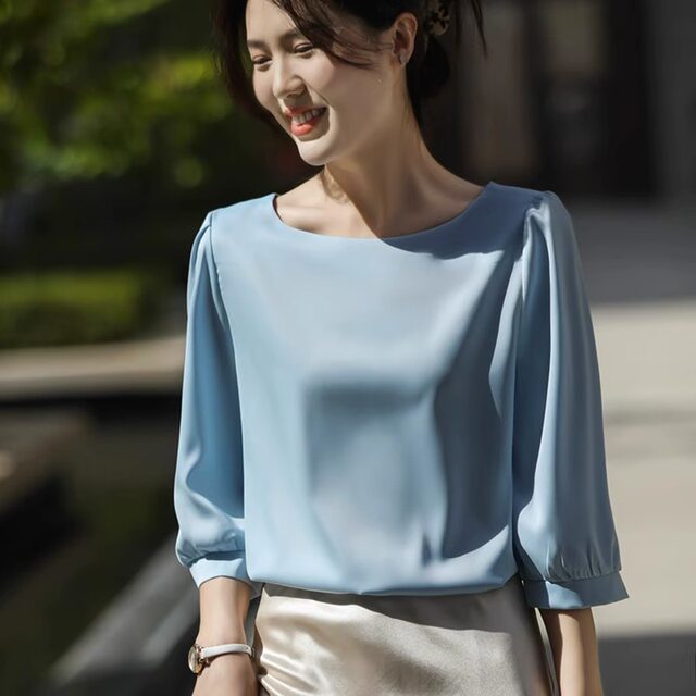 French elegant silk satin three-quarter sleeve shirt for women square ...