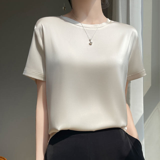 Acetate short-sleeved T-shirt for women 23 summer round V-neck simple ...