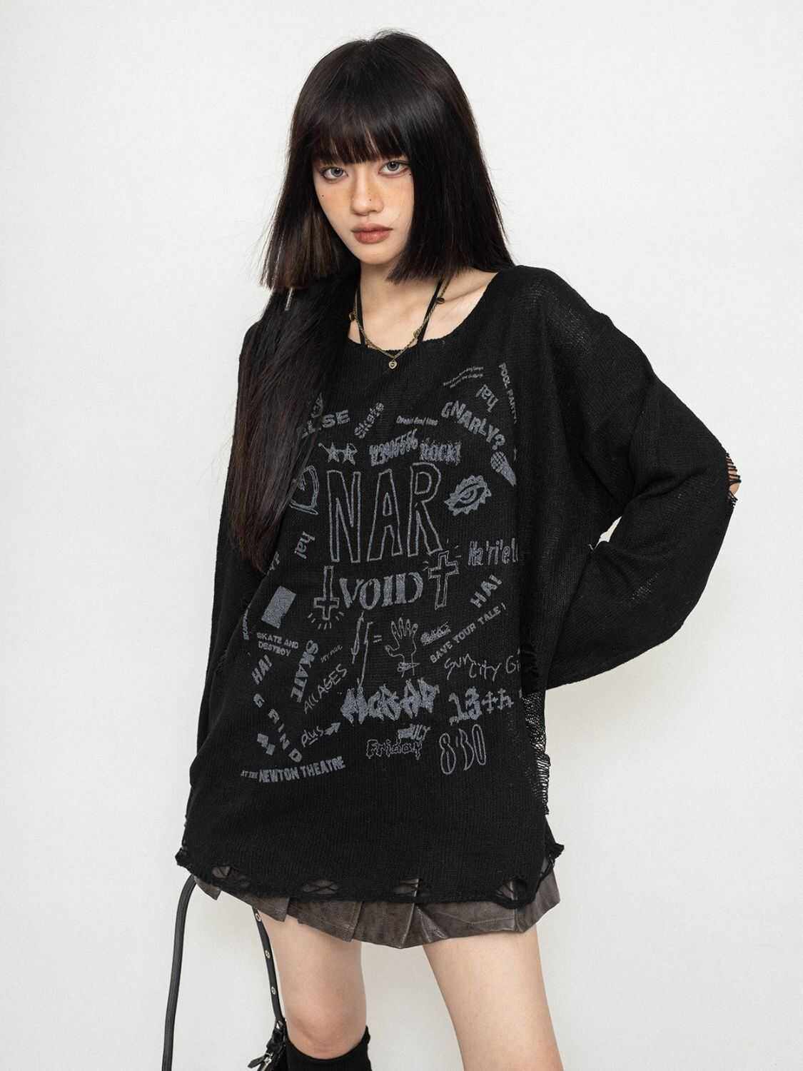 y2k retro distressed ripped sweater one-shoulder long-sleeved pullover ...