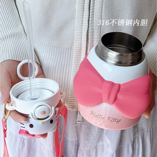 hellokitty thermos cup for girls with good looks and cute straw water cup 316 special kettle for ...