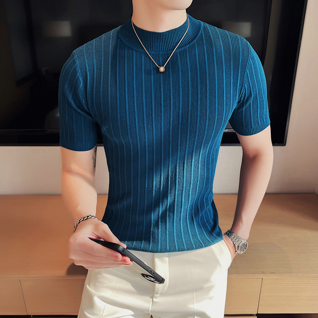 Spring and autumn half turtleneck short-sleeved sweater for men, casual ...