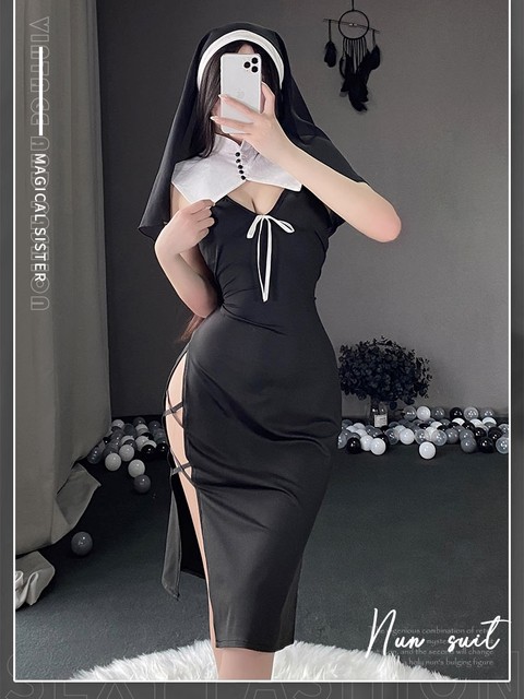 Pure lust sexy nun cos costume side slit dress abstinence church saint ...