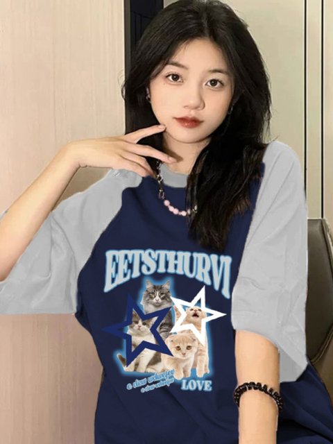 Contrasting color raboss sleeves T-shirt for women hipphop couples high-end American hip hop ins ...