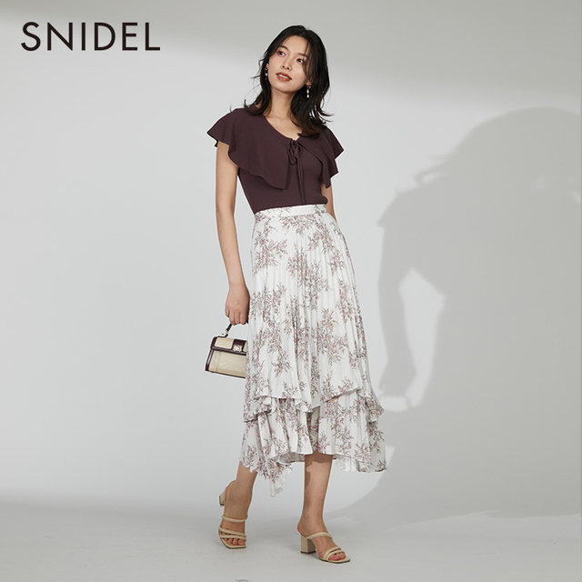 Snidel spring and summer sweet fairy pure color printing asymmetric pleated pleated cake skirt ...