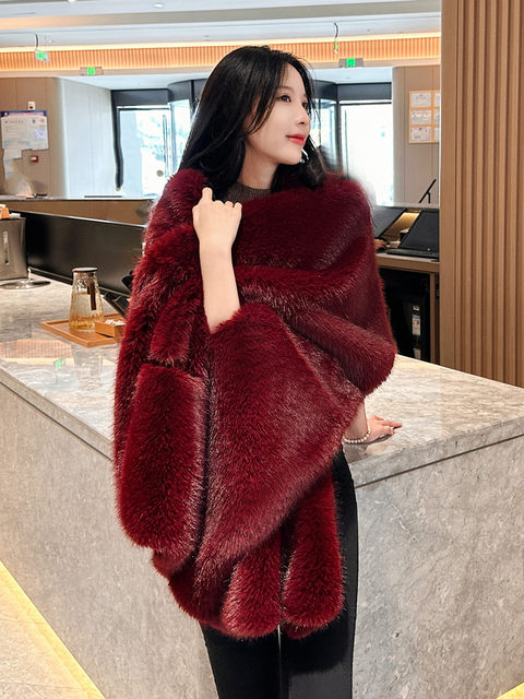 Angora red imitation fox fur large shawl warm loose cloak long outdoor ...