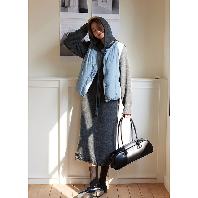 MISAZ recommends! Elegant fringed woolen puff sleeve dress with lazy ...