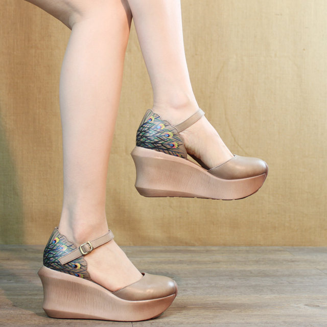 Summer Baotou Sandals Women's Ethnic Wind Leather Slope Heels Original ...
