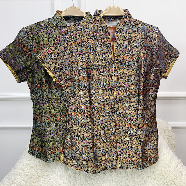 Classic old-fashioned brocade stand-collar retro slim short-sleeved top