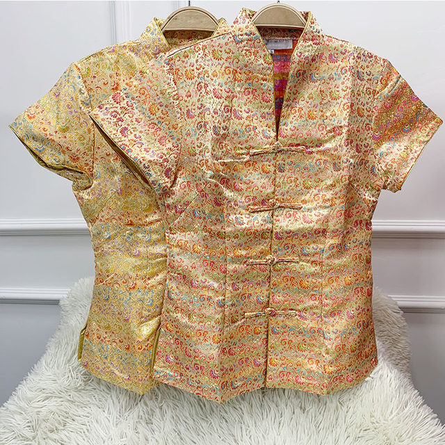 Classic old-fashioned brocade stand-collar retro slim short-sleeved top
