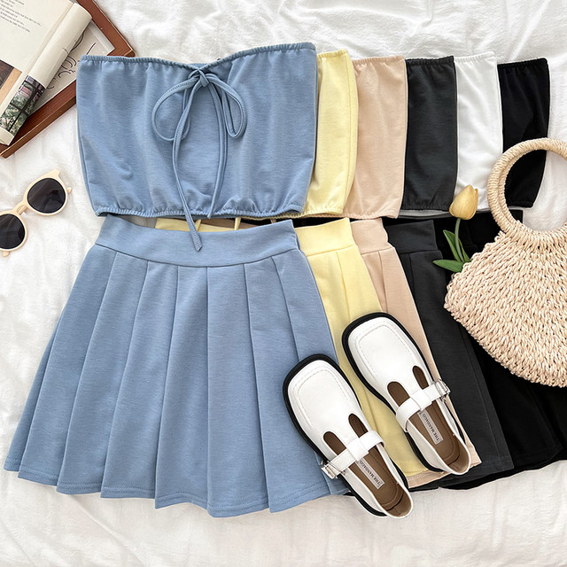 Sexy versatile lace -up tube top top top+high -waisted thin half skirt ...