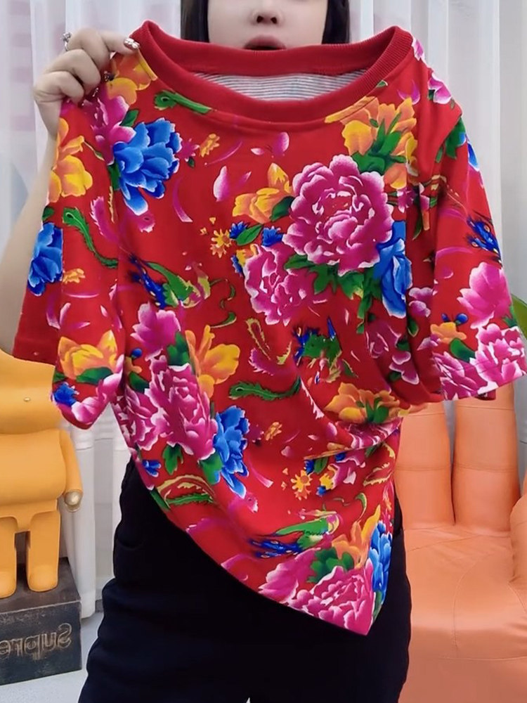 Northeastern large floral cloth ethnic style short-sleeved T-shirt ...