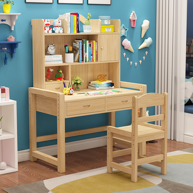 Solid wood children's study table lifting homework desk bookshelf ...