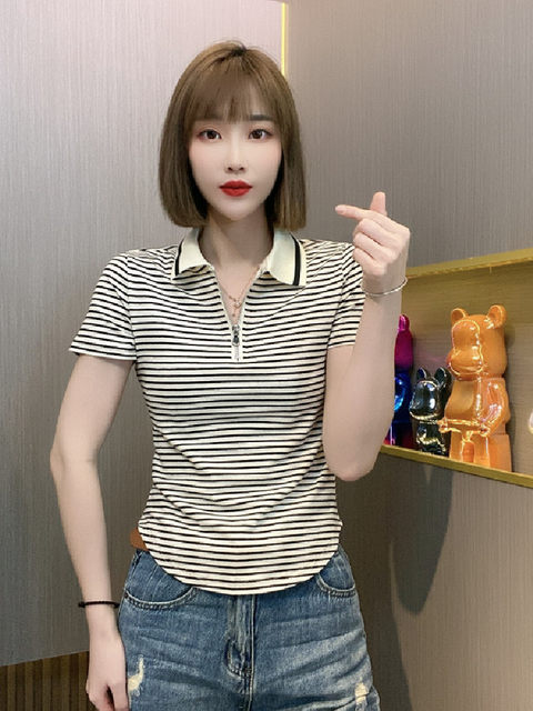 New summer slim striped short-sleeved T-shirt for women's Hong Kong ...