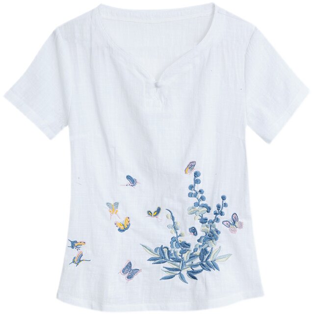 Chinese Style Cotton and Linen Embroidered Flower Tops Women's Summer ...