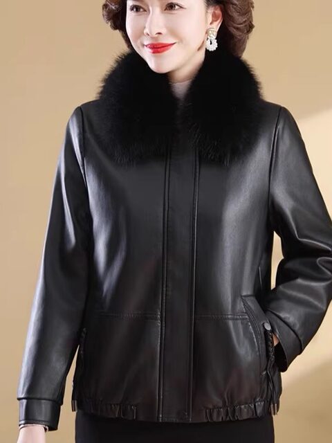 Mom's leather jacket autumn and winter new middle-aged and elderly ...