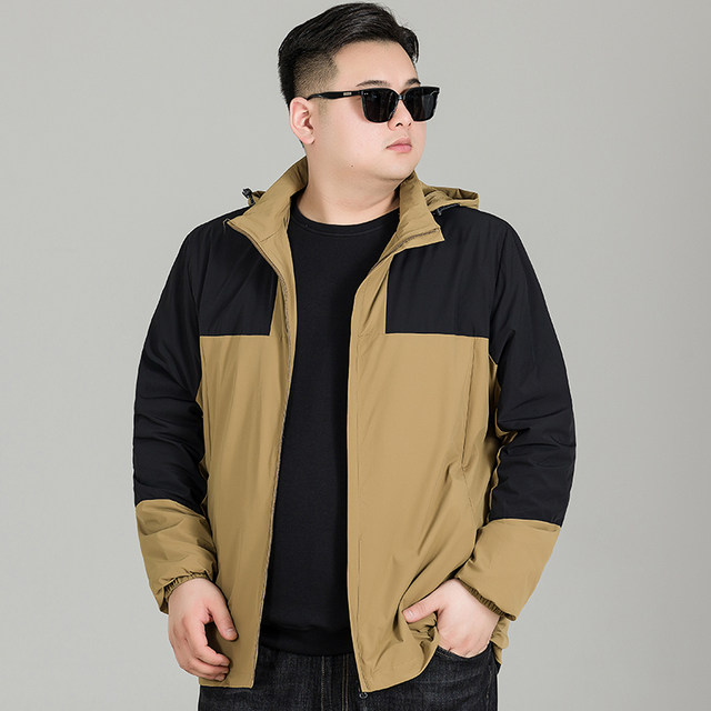 Fat man's autumn loose jacket with removable hood and color matching ...