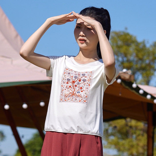 Yizhimanor 2024 summer new style t-shirt embroidered half-sleeve white ...