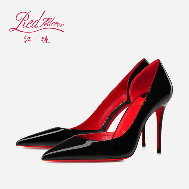 Red mirror high heels with red sole exposed toe seams and side empty ...
