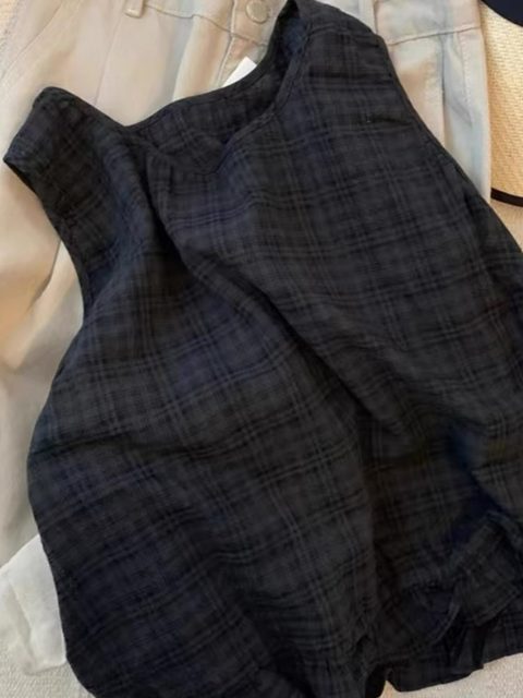 Japanese grid lazy style solid color vest suspended women's summer ...