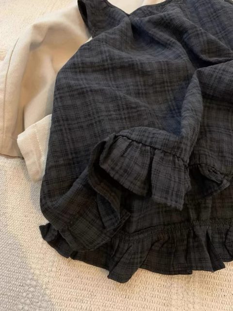 Japanese grid lazy style solid color vest suspended women's summer ...