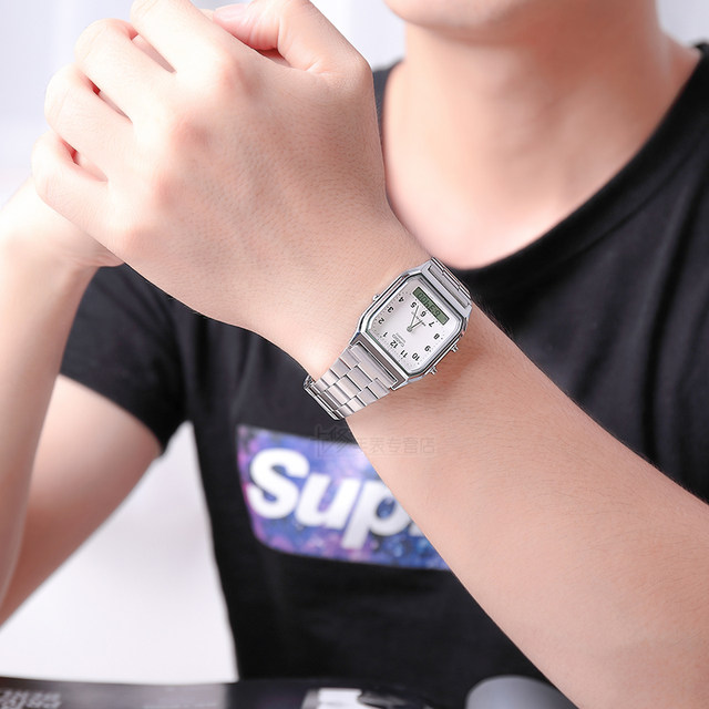 Casio Casio retro small square watch dual display male and female student electronic watch ins ...
