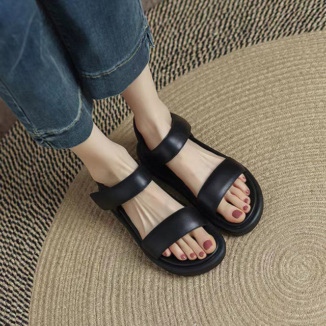 Genuine leather thick-soled sponge cake sandals for women 2025 summer ...