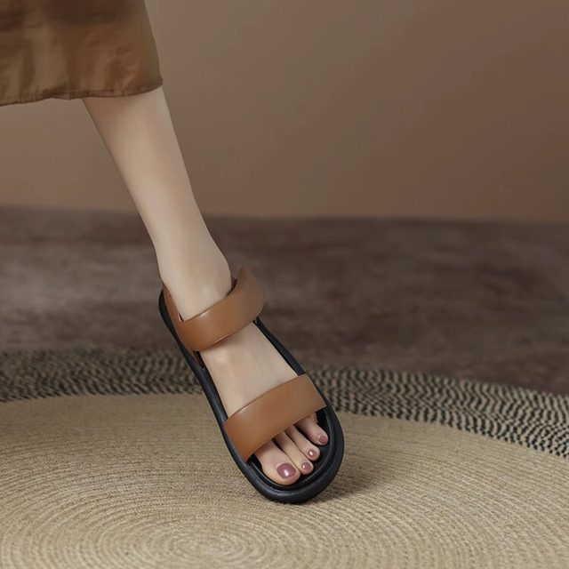 Genuine leather thick-soled sponge cake sandals for women 2025 summer ...