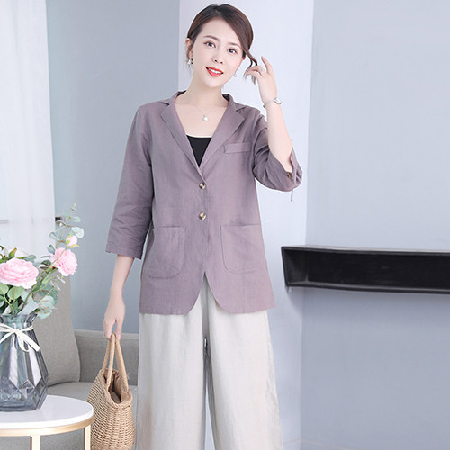 Cotton and linen small suit jacket 2024 summer new thin linen suit three-quarter sleeve women's ...