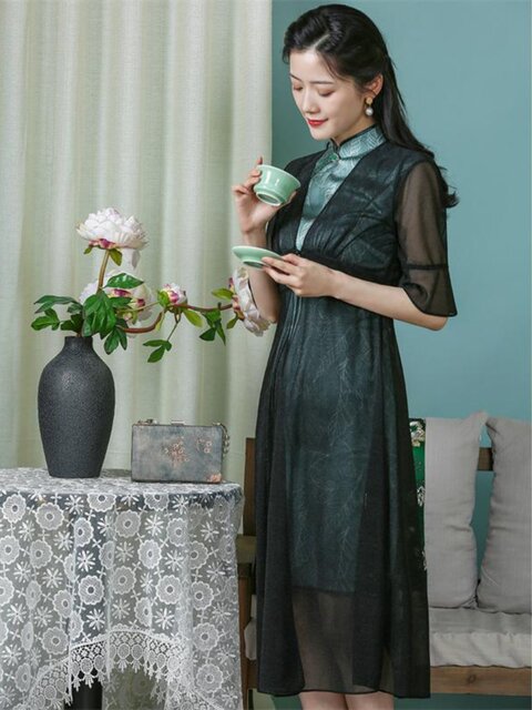Cui Wanzhi Guo style V-neck Chinese waist-closing slimming mid-length ...