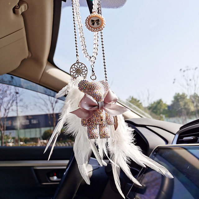 Car diamond-encrusted violent bear car pendant rearview mirror feather ...