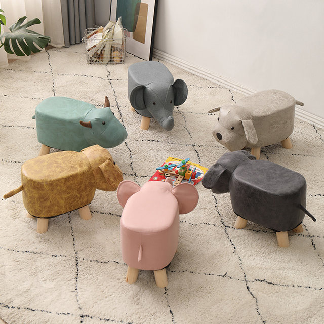 Children's solid wood short sitting stool creative animal elephant ...