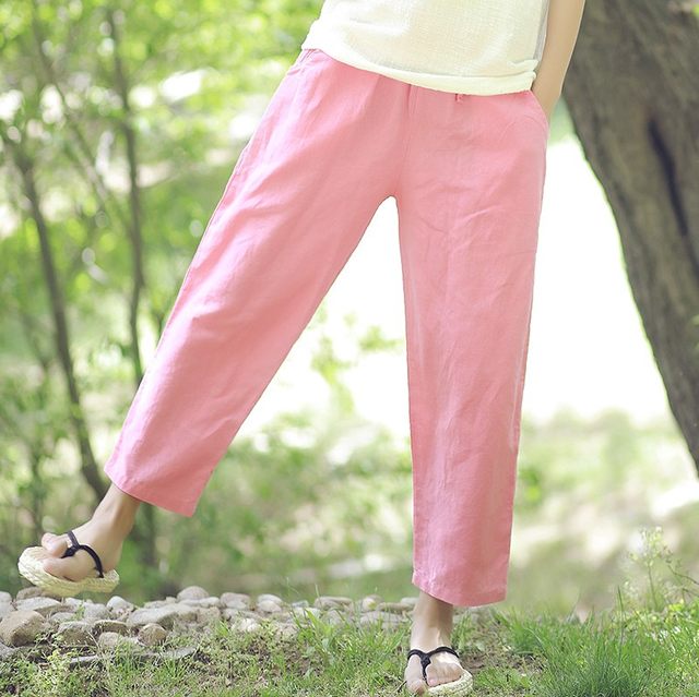 Summer new style cotton and linen literary and casual pure linen nine ...