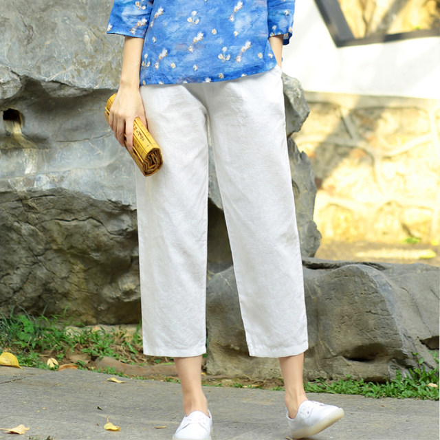 Summer new style cotton and linen literary and casual pure linen nine ...