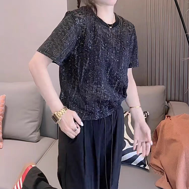 European mesh round neck shiny micro-transparent T-shirt women's short ...