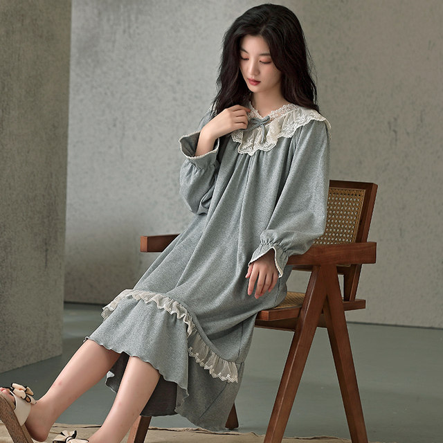 Autumn and winter pajamas, nightgown, women's pure cotton long-sleeved ...