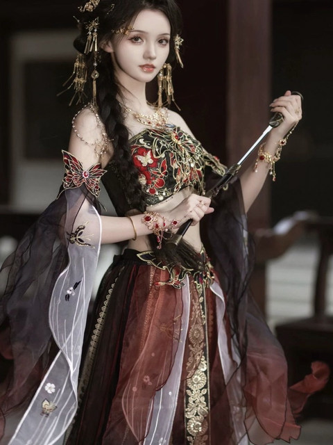 Exotic style embroidered waist-length flowing feather sleeves suit ...