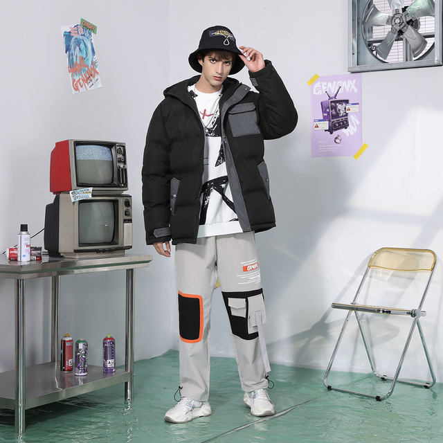 GENANX Lightning Fashion Brand Black Gray Hooded Down Jacket Men's Winter Warm Splicing Patch ...