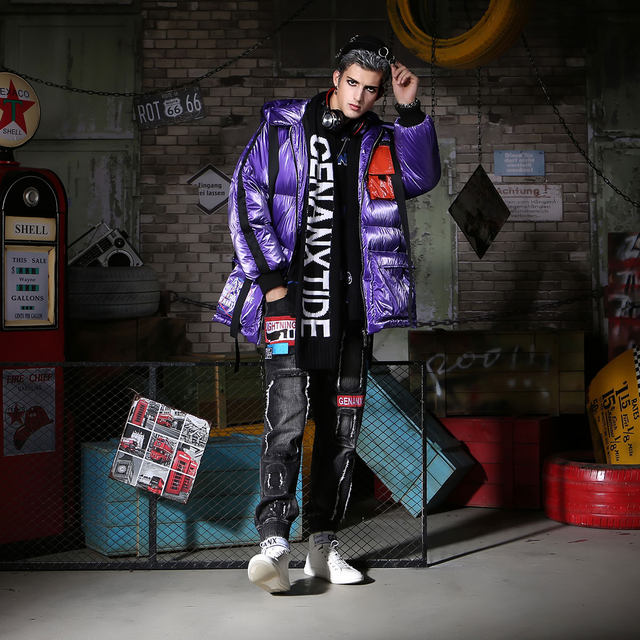 GENANX Lightning Fashion Brand Shiny Down Jacket Men's Medium Long Couple Down Jacket Loose ...