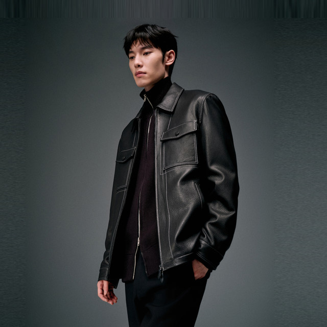 Peacebird Men's Lapel Leather Clothes Light Line Goat Leather Jacket ...