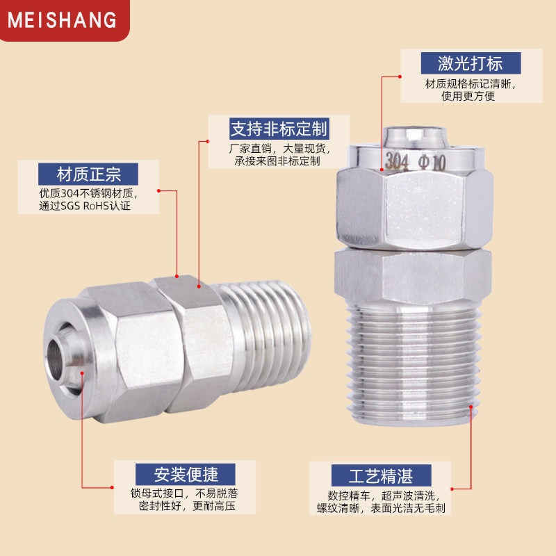 304 Stainless Steel Quick-Twist Pneumatic Trachea Lock Nut Quick Connector Thread Straight ...