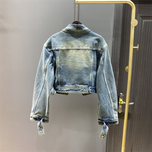 2024 Autumn New Hong Kong Style Retro Distressed Short Denim Jacket Women's Loose Slim Stand ...