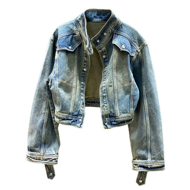 2024 Autumn New Hong Kong Style Retro Distressed Short Denim Jacket Women's Loose Slim Stand ...