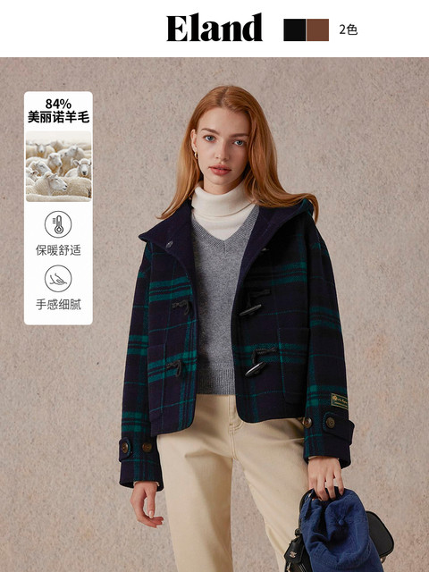 Eland clothes woolen coat women's checkered warm short coat winter style