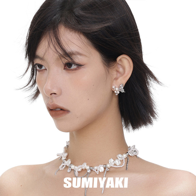 SUMIYAKI white butterfly pearl butterfly s925 silver needle earrings for women versatile simple ...