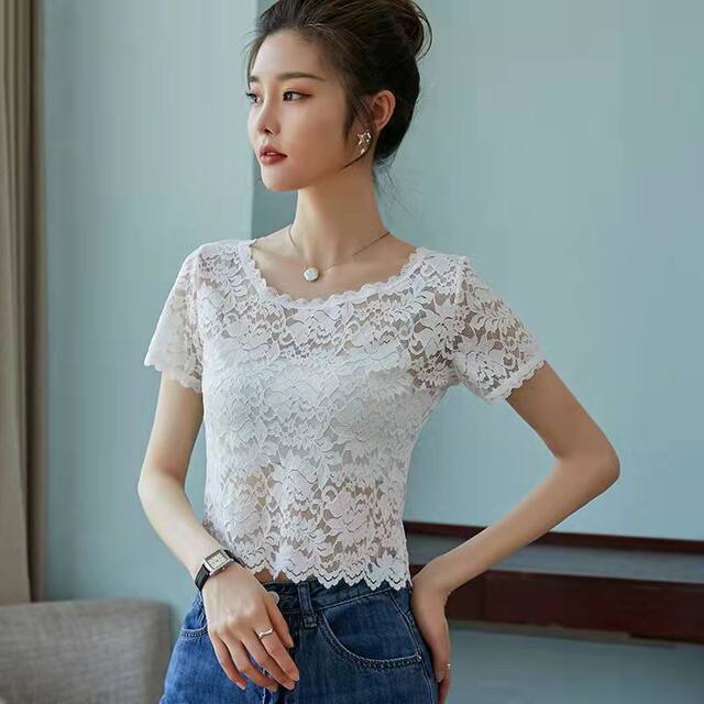 Fake collar inner top thin hot girl outer wear sexy lace hollow blouse ...