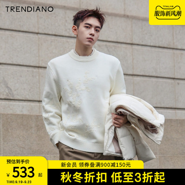 TRENDIANO Classic Series Flower Appliqué Loose Round Neck Sheep Wool ...